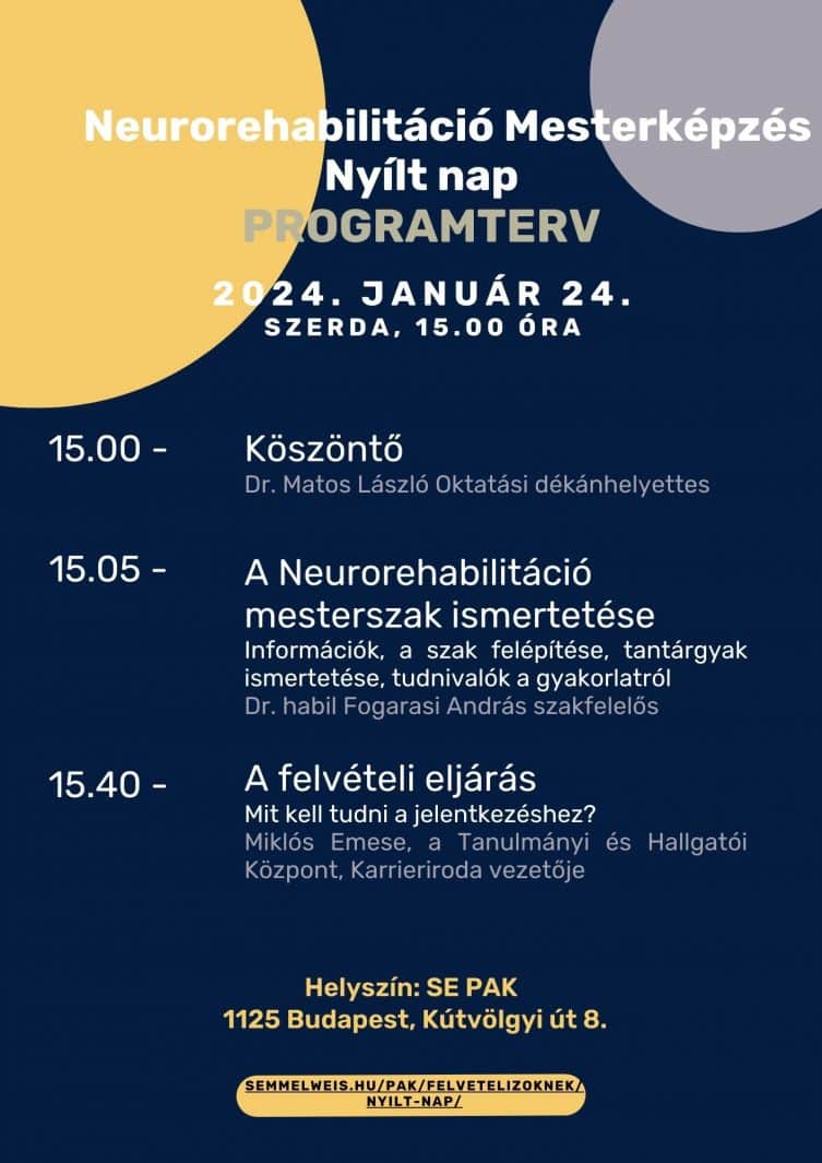 PROGRAMTERV – NYÍLT NAP – NEUROREHABILITÁCIÓ MESTERKÉPZÉS – Pető András Kar