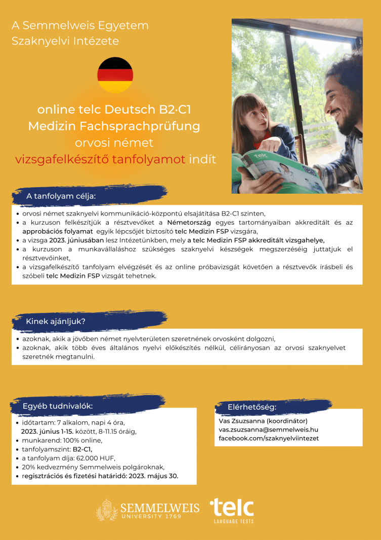 telc Deutsch B2·C1 Medizin Fachsprachprüfung online vizsgafelkészítő tanfolyam – Szaknyelvi Intézet