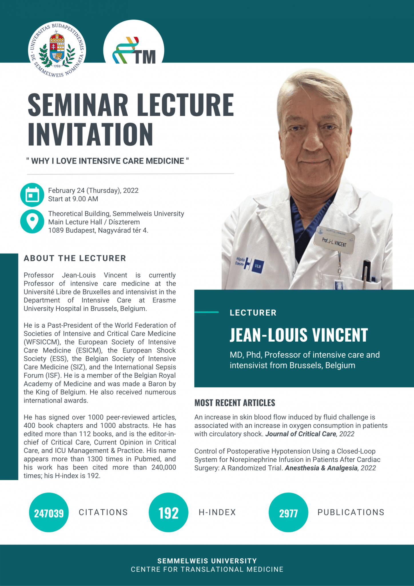 Meghívó Jean-Louis Vincent előadására – Invitation to a lecture by Jean ...